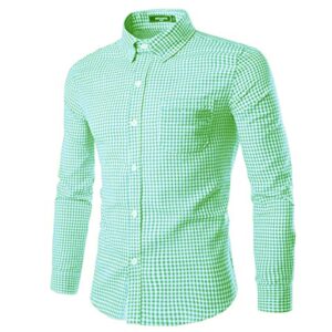 men plaid cotton casual slim fit long sleeve button down dress shirts light green