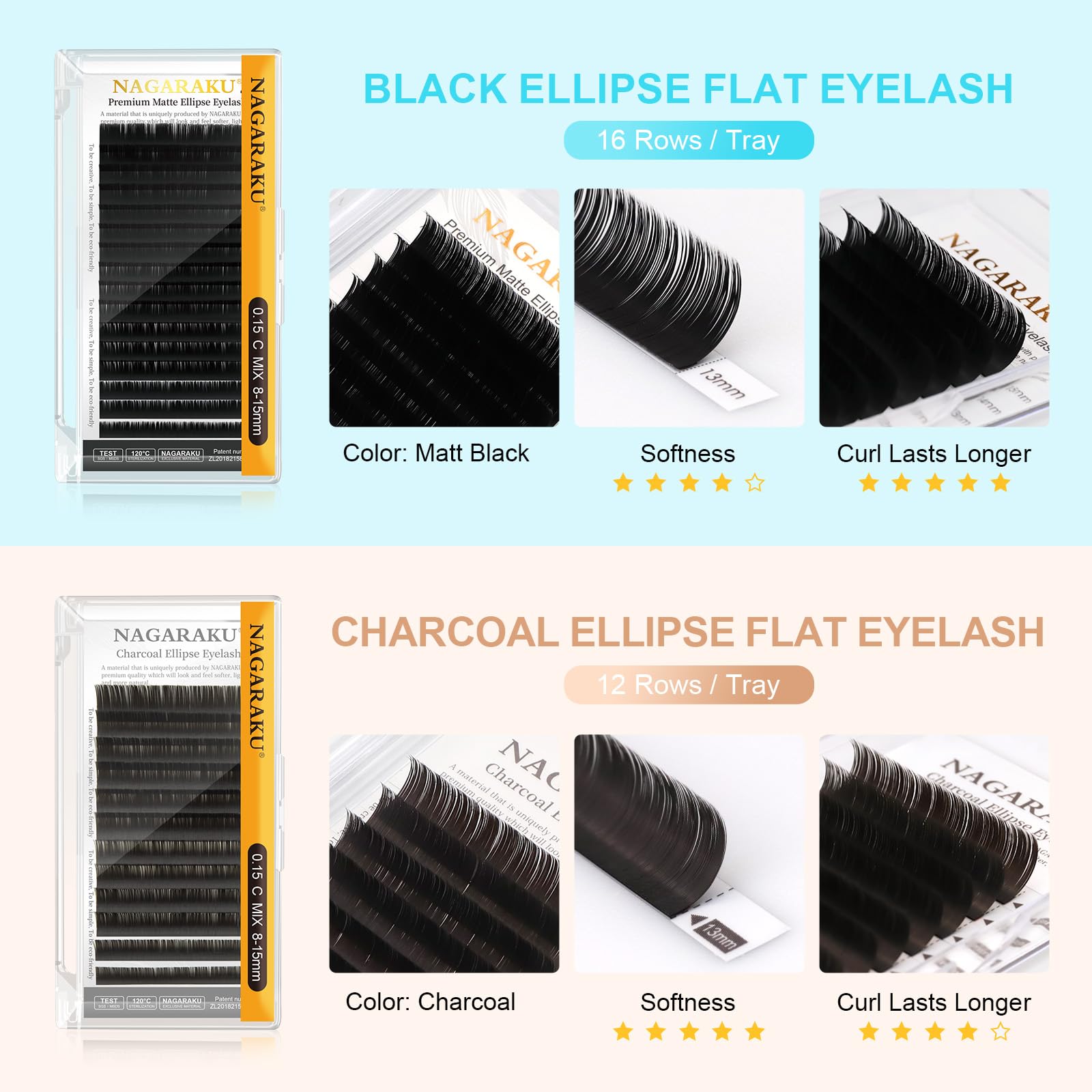 NAGARAKU Double Tips Flat Ellipse Eyelash Extensions Supplies 0.15 D curl 8-15mm Mix Natural Charcoal Color Faux Mink Super Soft Split Tips Individual Lashes