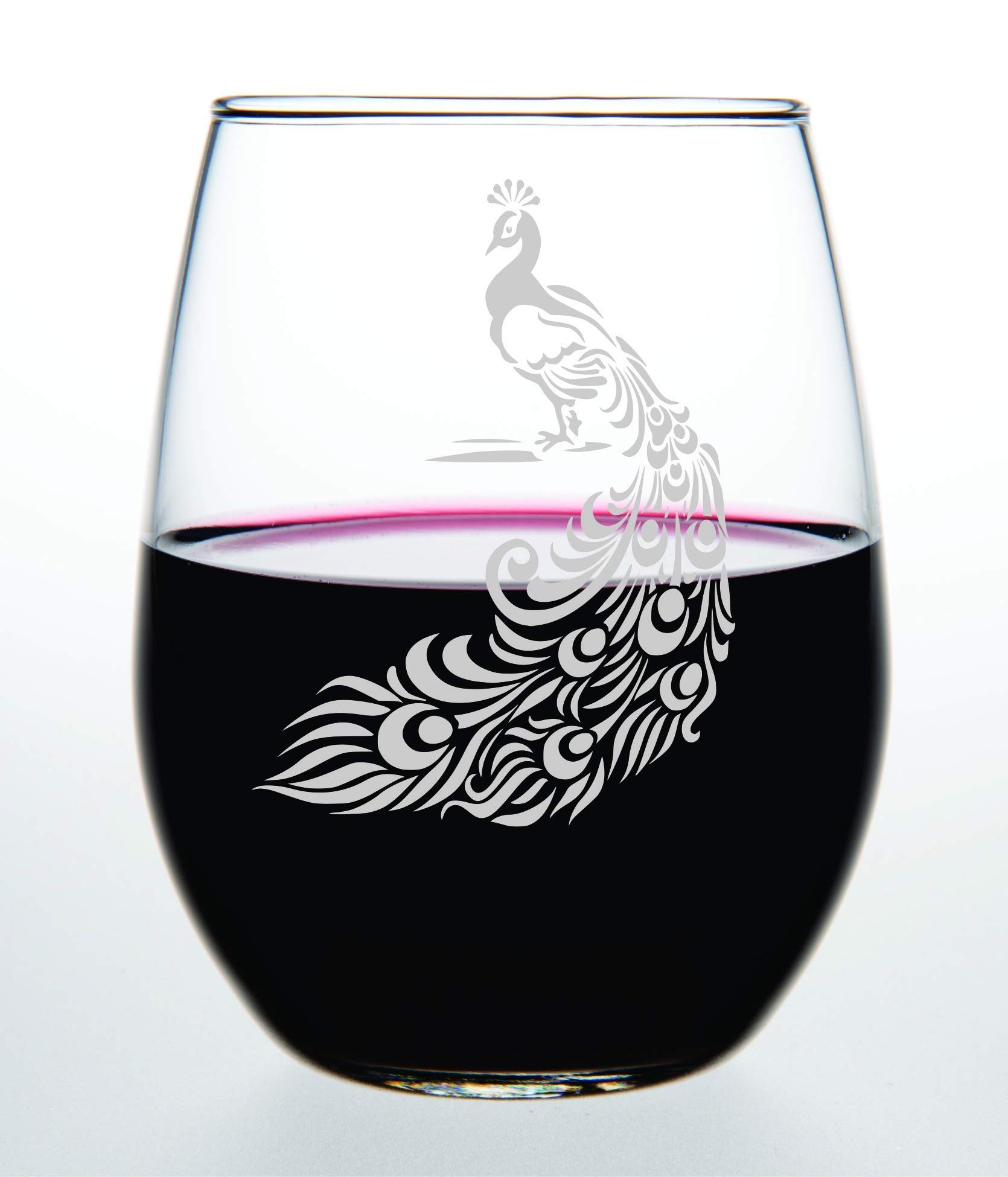 C & M Personal Gifts Stemless Wine Glass – Beautiful Peacock Printed Red Wine Glass Made from Lead-Free Quality Crystal Material for Men and Women – Made in USA – 17 Oz