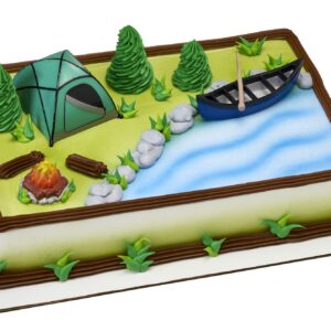 Decopac Fireside Camp DecoSet Cake Decoration Multi, Tent: 3"L x 2.6"W x 1.9"H; Canoe with Oar: 3.5"L x 1.65"W x 1.2"H; Campfire: 1.4"D x 1.2"H