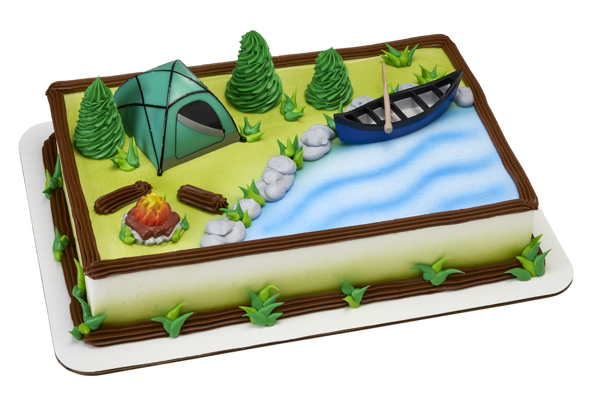 Decopac Fireside Camp DecoSet Cake Decoration Multi, Tent: 3"L x 2.6"W x 1.9"H; Canoe with Oar: 3.5"L x 1.65"W x 1.2"H; Campfire: 1.4"D x 1.2"H