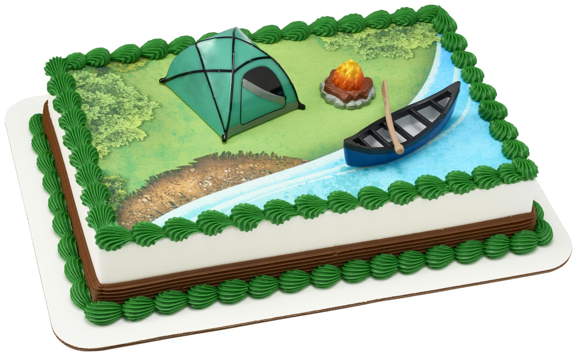 Decopac Fireside Camp DecoSet Cake Decoration Multi, Tent: 3"L x 2.6"W x 1.9"H; Canoe with Oar: 3.5"L x 1.65"W x 1.2"H; Campfire: 1.4"D x 1.2"H