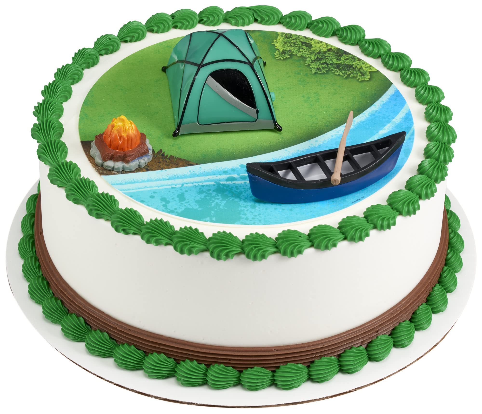 Decopac Fireside Camp DecoSet Cake Decoration Multi, Tent: 3"L x 2.6"W x 1.9"H; Canoe with Oar: 3.5"L x 1.65"W x 1.2"H; Campfire: 1.4"D x 1.2"H