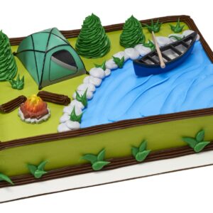 Decopac Fireside Camp DecoSet Cake Decoration Multi, Tent: 3"L x 2.6"W x 1.9"H; Canoe with Oar: 3.5"L x 1.65"W x 1.2"H; Campfire: 1.4"D x 1.2"H