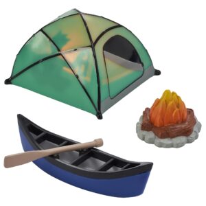 Decopac Fireside Camp DecoSet Cake Decoration Multi, Tent: 3"L x 2.6"W x 1.9"H; Canoe with Oar: 3.5"L x 1.65"W x 1.2"H; Campfire: 1.4"D x 1.2"H