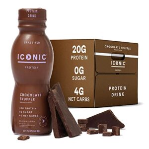 iconic protein drinks, chocolate truffle (12 pack) - sugar free & low carb - 20g grass fed protein - lactose free, gluten free, non-gmo, kosher - keto friendly protein shakes