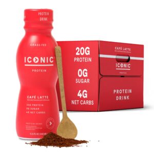 iconic protein drinks, café latte (12 pack) - sugar free & low carb - 20g protein + 100mg caffeine - lactose free, gluten free - keto friendly protein coffee