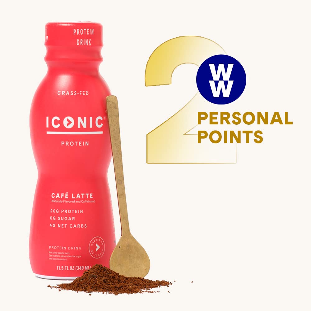 Iconic Protein Drinks, Café Latte (12 Pack) - Sugar Free & Low Carb - 20g Protein + 100mg Caffeine - Lactose Free, Gluten Free - Keto Friendly Protein Coffee