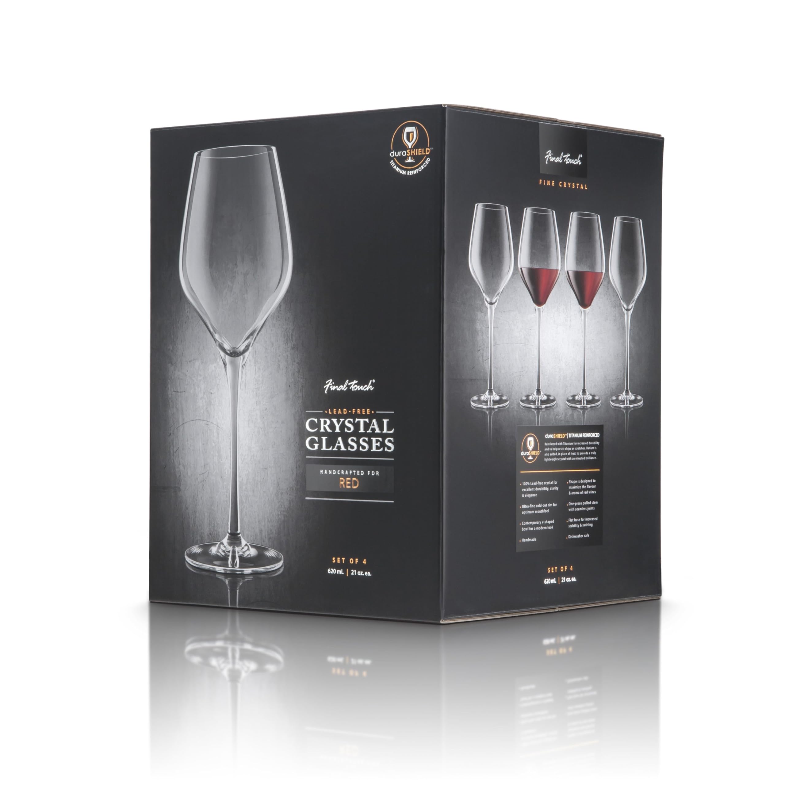 Final Touch Red Wine Glasses - Set of 4 Lead-Free Crystal - DuraShield Titanium Reinforced – Handcrafted (LFG1114)