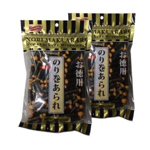 shirakiku japanese nori maki arare rice crackers with seaweed | glutinous rice, soy sauce, wheat, and seaweed | crispy and savory cracker snacks, seaweed flavor, 5 oz - (pack of 2)