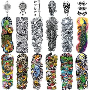 full arm temporary tattoo (18 sheets), konsait extra temporary sleeve tattoo black waterproof tattoo body stickers for man women