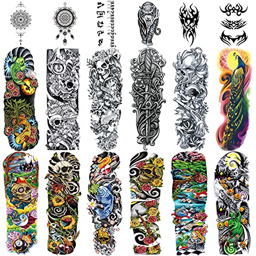 Full Arm Temporary Tattoo (18 Sheets), Konsait Extra Temporary Sleeve Tattoo Black Waterproof Tattoo Body Stickers for Man Women