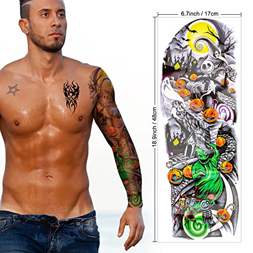 Full Arm Temporary Tattoo (18 Sheets), Konsait Extra Temporary Sleeve Tattoo Black Waterproof Tattoo Body Stickers for Man Women