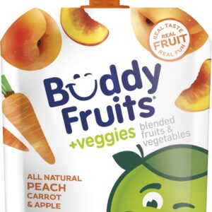 Buddy Fruits Pure Blended Fruit and Veggies Apple, Peach and Carrot Applesauce | 100% Real Fruits & Veggies | No Sugar, Non GMO, Vegan, No Preservatives, Certified Kosher | 3.2oz Pouch 18 Pack