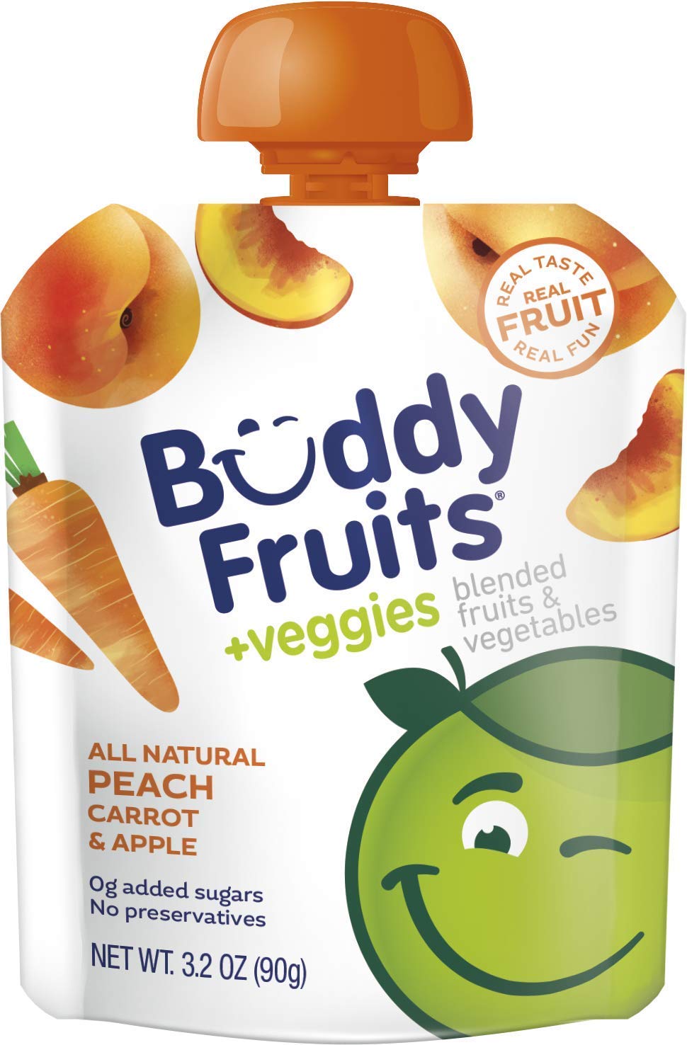 Buddy Fruits Pure Blended Fruit and Veggies Apple, Peach and Carrot Applesauce | 100% Real Fruits & Veggies | No Sugar, Non GMO, Vegan, No Preservatives, Certified Kosher | 3.2oz Pouch 18 Pack