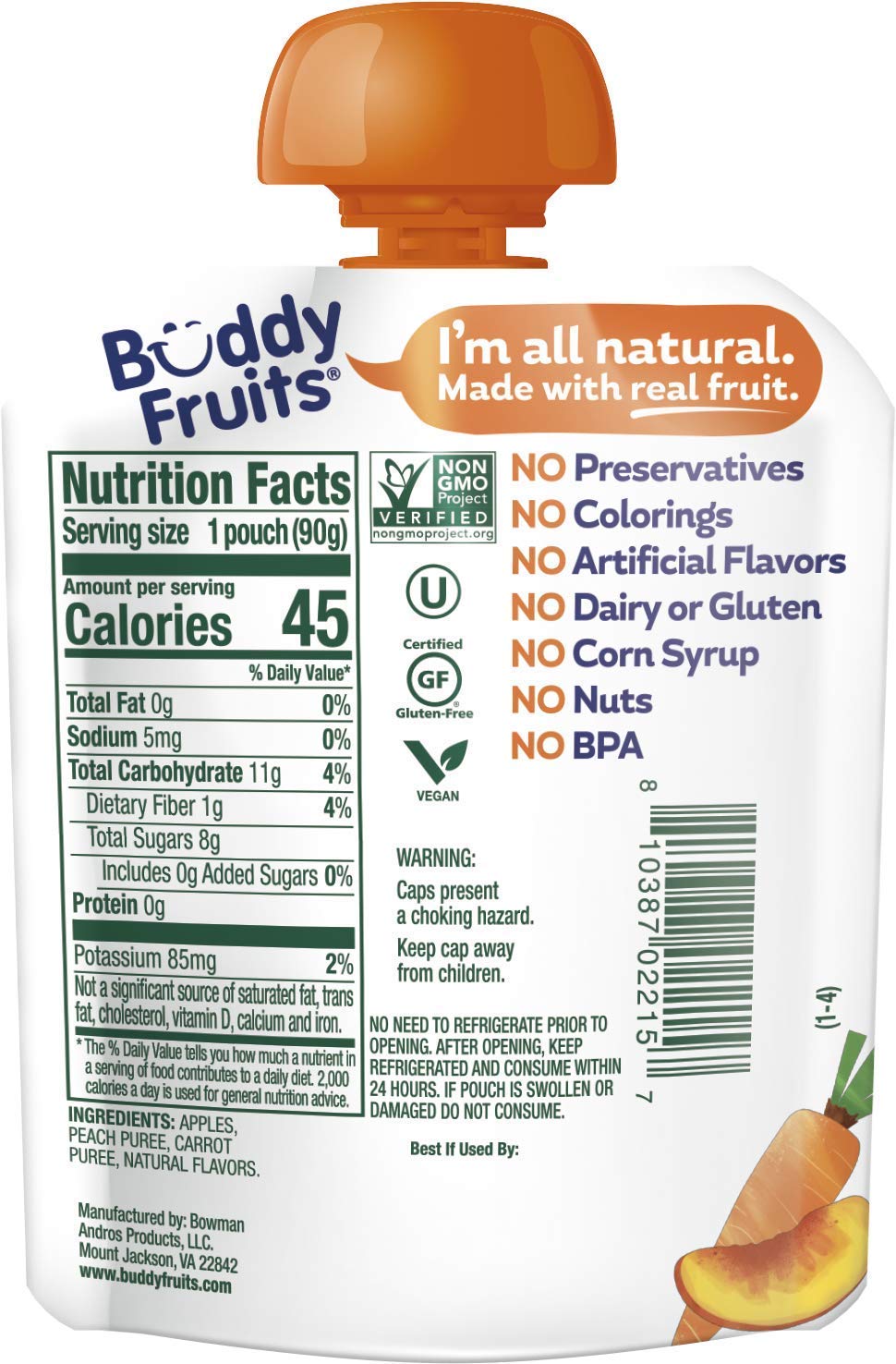 Buddy Fruits Pure Blended Fruit and Veggies Apple, Peach and Carrot Applesauce | 100% Real Fruits & Veggies | No Sugar, Non GMO, Vegan, No Preservatives, Certified Kosher | 3.2oz Pouch 18 Pack