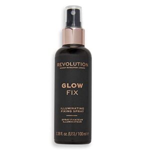 makeup revolution, glow fix illuminating fixing spray, glow finish, hydrating & brightening setting spray for face, vegan & cruelty-free, 3.38fl.oz