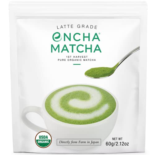 Encha Latte Grade Matcha Powder - Unsweetened, First Harvest, Organic Matcha Green Tea Powder From Uji, Japan (60g/2.12 Ounce) Premium Powder for matcha latte, smoothie | Caffeine, L-Theanine