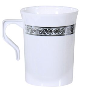 PARTY BARGAINS 8 oz Royalty White Silver Rimmed Plastic Coffee Cups with Handles - [32 Pack] Disposable Plastic White Tea Cups, for Weddings, Bridal Showers, Engagement Parties, Camping