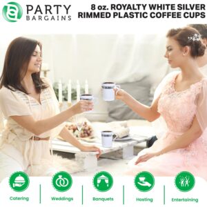 PARTY BARGAINS 8 oz Royalty White Silver Rimmed Plastic Coffee Cups with Handles - [32 Pack] Disposable Plastic White Tea Cups, for Weddings, Bridal Showers, Engagement Parties, Camping