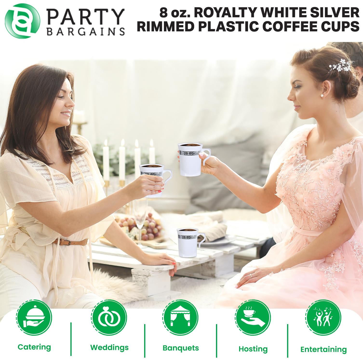 PARTY BARGAINS 8 oz Royalty White Silver Rimmed Plastic Coffee Cups with Handles - [32 Pack] Disposable Plastic White Tea Cups, for Weddings, Bridal Showers, Engagement Parties, Camping