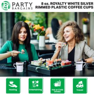 PARTY BARGAINS 8 oz Royalty White Silver Rimmed Plastic Coffee Cups with Handles - [32 Pack] Disposable Plastic White Tea Cups, for Weddings, Bridal Showers, Engagement Parties, Camping