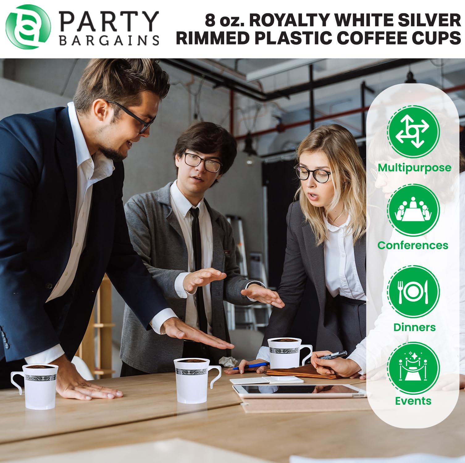 PARTY BARGAINS 8 oz Royalty White Silver Rimmed Plastic Coffee Cups with Handles - [32 Pack] Disposable Plastic White Tea Cups, for Weddings, Bridal Showers, Engagement Parties, Camping