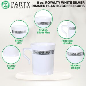 PARTY BARGAINS 8 oz Royalty White Silver Rimmed Plastic Coffee Cups with Handles - [32 Pack] Disposable Plastic White Tea Cups, for Weddings, Bridal Showers, Engagement Parties, Camping