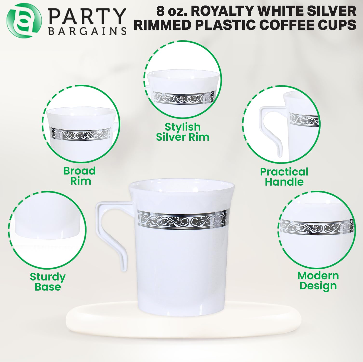 PARTY BARGAINS 8 oz Royalty White Silver Rimmed Plastic Coffee Cups with Handles - [32 Pack] Disposable Plastic White Tea Cups, for Weddings, Bridal Showers, Engagement Parties, Camping