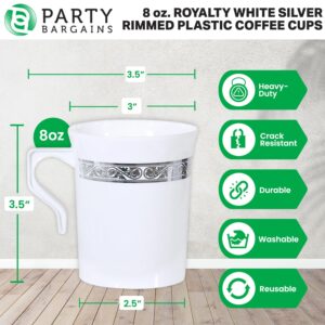 PARTY BARGAINS 8 oz Royalty White Silver Rimmed Plastic Coffee Cups with Handles - [32 Pack] Disposable Plastic White Tea Cups, for Weddings, Bridal Showers, Engagement Parties, Camping