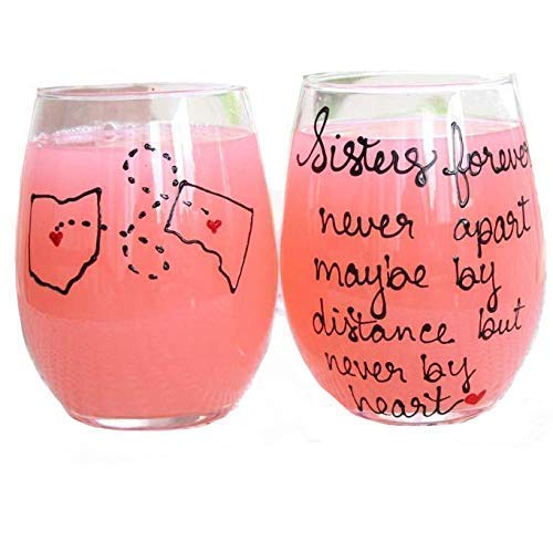 Sisters Long Distance Sister Wine Glass, Personalized Sister Gift, All Countries and States Available Hand Painted Stemless Wine Glass