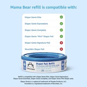 Amazon Brand - Mama Bear Diaper Pail Refills for Genie Pails, Unscented, 270 Count (Pack of 1)