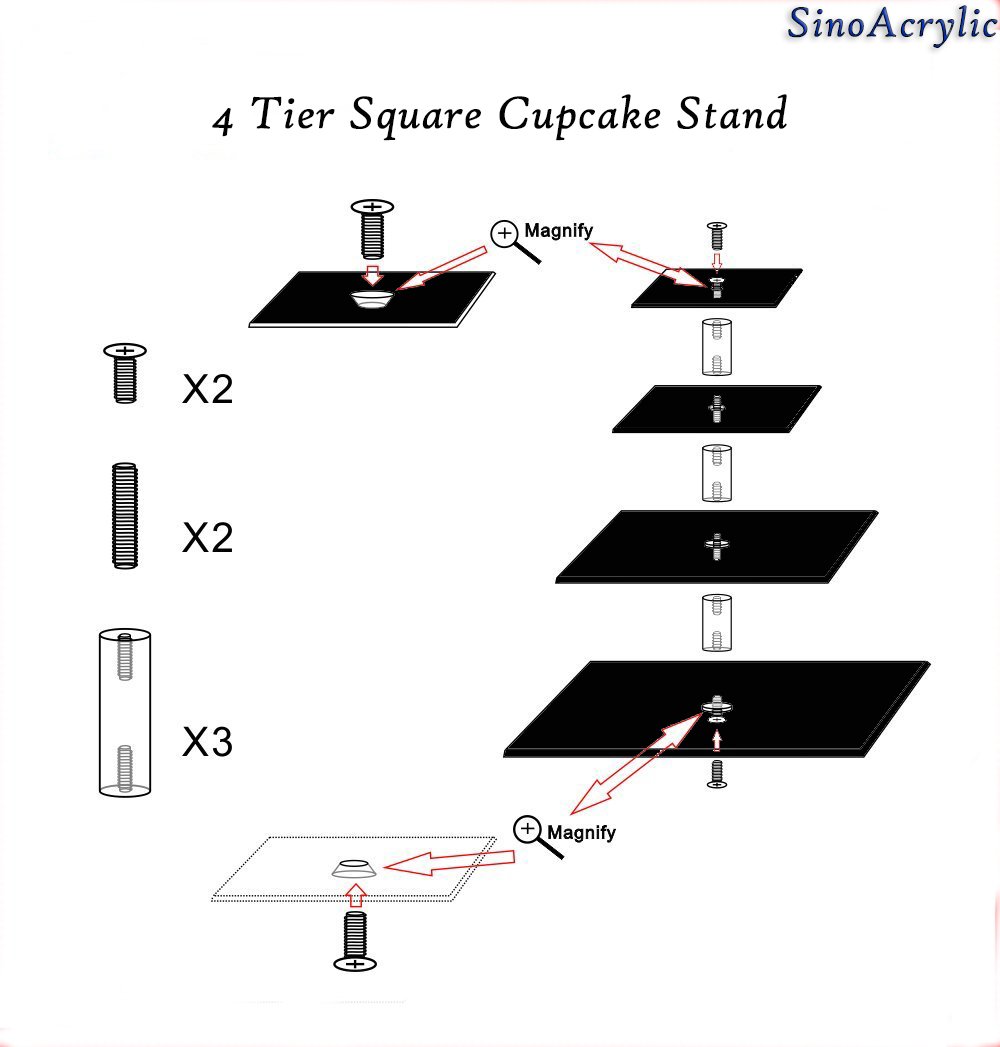 SinoAcrylic 4 Tier Square Cupcake Stand With Fantastic Plate - Dessert Display Holders - Black Stacked Party Cupcake Tree - Tiered Cake Stand - Cupcake Tower for Parties Birthday