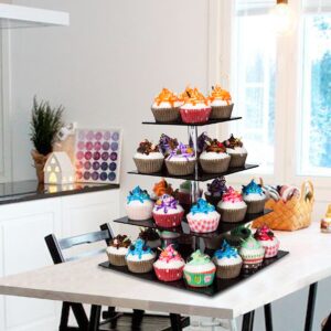 SinoAcrylic 4 Tier Square Cupcake Stand With Fantastic Plate - Dessert Display Holders - Black Stacked Party Cupcake Tree - Tiered Cake Stand - Cupcake Tower for Parties Birthday