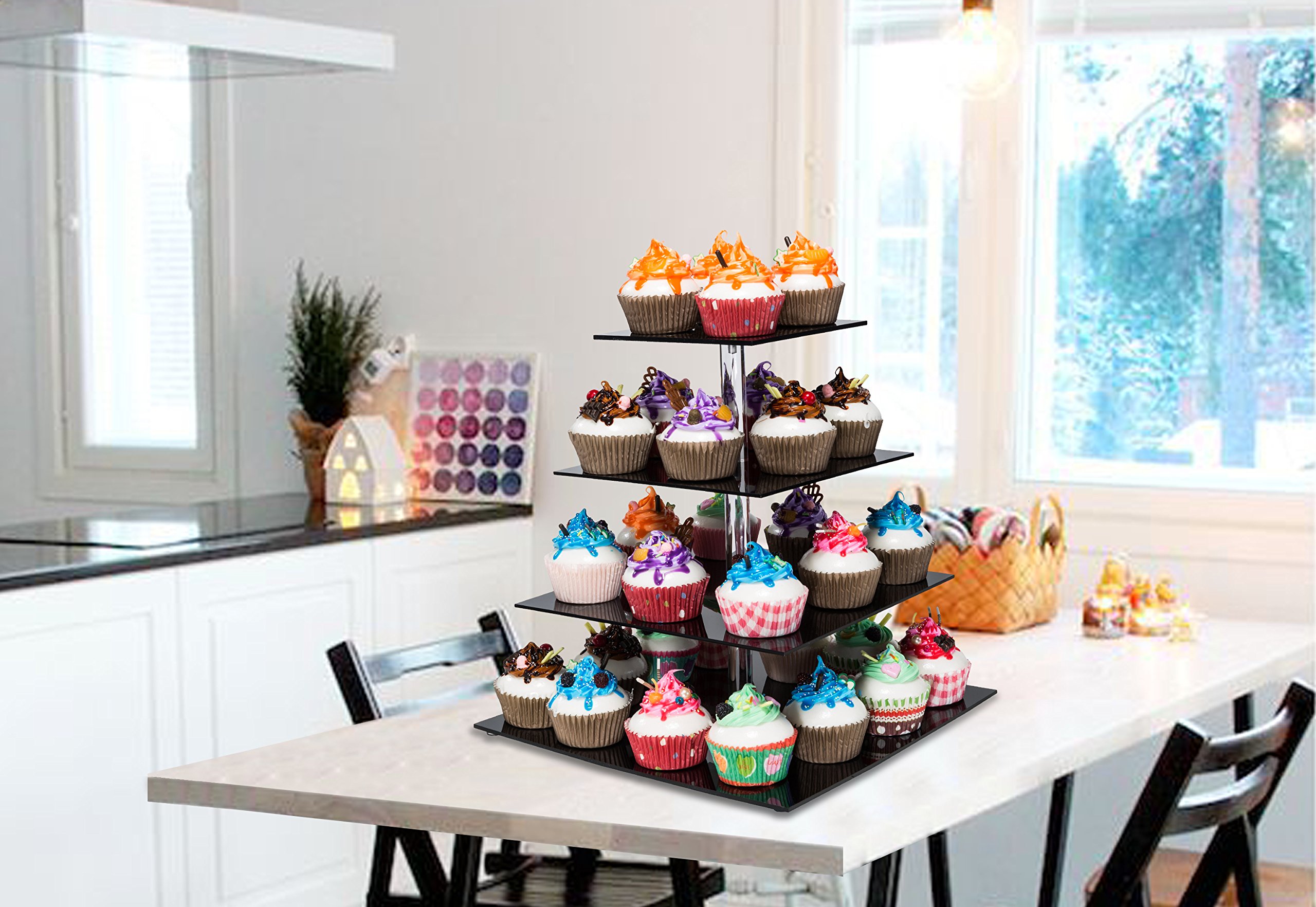 SinoAcrylic 4 Tier Square Cupcake Stand With Fantastic Plate - Dessert Display Holders - Black Stacked Party Cupcake Tree - Tiered Cake Stand - Cupcake Tower for Parties Birthday