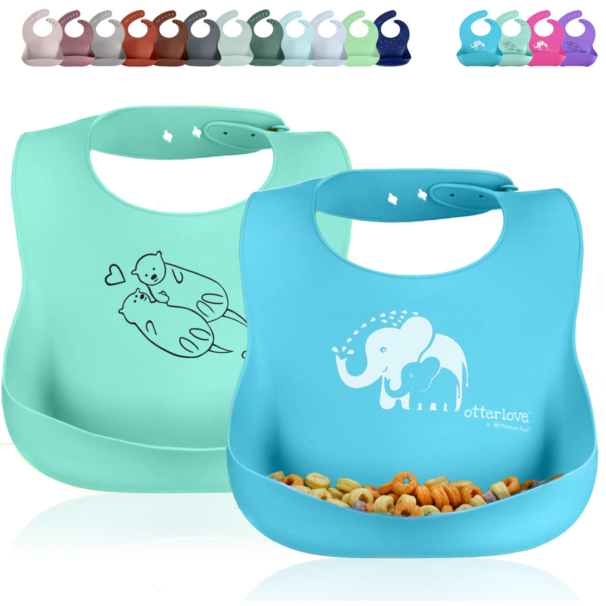 Otterlove Silicone Bib-100% Pure Platinum LFGB Baby Bibs 6-48 months-No Fillers-BPA and Phthalate Free (2 Bib Pack - Blue Elephants & Lemon Lime Otters)