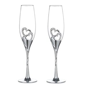 wedding champagne glass set silver toasting flute glasses pack of 2 with rhinestone rimmed hearts decoration for wedding, anniversary and special occasions