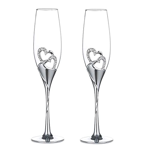 Wedding Champagne Glass Set Silver Toasting Flute Glasses Pack of 2 with Rhinestone Rimmed Hearts Decoration for Wedding, Anniversary and Special Occasions