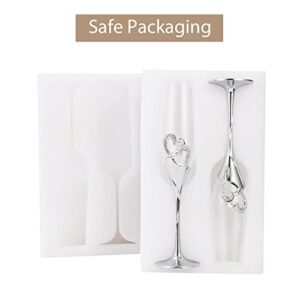 Wedding Champagne Glass Set Silver Toasting Flute Glasses Pack of 2 with Rhinestone Rimmed Hearts Decoration for Wedding, Anniversary and Special Occasions