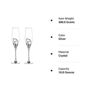 Wedding Champagne Glass Set Silver Toasting Flute Glasses Pack of 2 with Rhinestone Rimmed Hearts Decoration for Wedding, Anniversary and Special Occasions