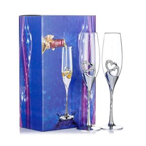 Wedding Champagne Glass Set Silver Toasting Flute Glasses Pack of 2 with Rhinestone Rimmed Hearts Decoration for Wedding, Anniversary and Special Occasions