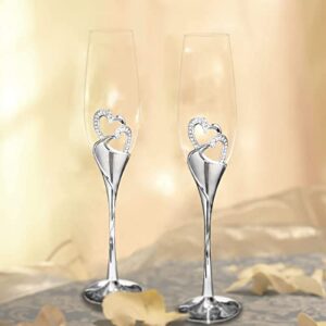 Wedding Champagne Glass Set Silver Toasting Flute Glasses Pack of 2 with Rhinestone Rimmed Hearts Decoration for Wedding, Anniversary and Special Occasions