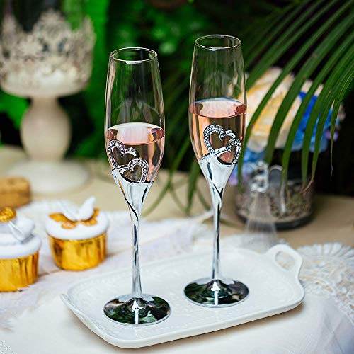 Wedding Champagne Glass Set Silver Toasting Flute Glasses Pack of 2 with Rhinestone Rimmed Hearts Decoration for Wedding, Anniversary and Special Occasions