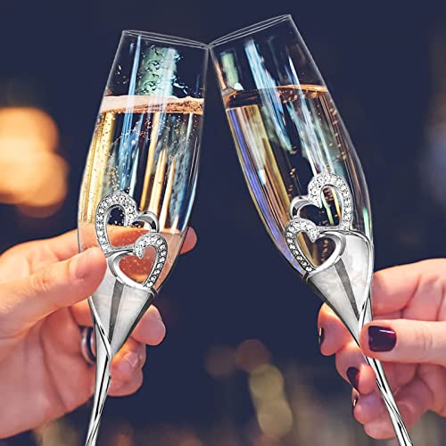 Wedding Champagne Glass Set Silver Toasting Flute Glasses Pack of 2 with Rhinestone Rimmed Hearts Decoration for Wedding, Anniversary and Special Occasions