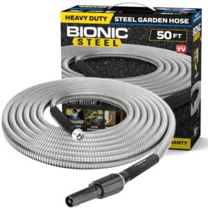 bionic steel 50 foot garden hose 304 stainless steel metal water hose – super tough & flexible, lightweight, crush resistant aluminum fittings, kink & tangle free, rust proof, easy to use & store