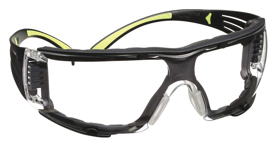 3M 27475 Safety Glasses, SecureFit, ANSI Z87, Dust Protection, Anti-Fog Anti-Scratch Clear Lens, Green/Black Frame, Flexible Temples, Removable Foam Gasket