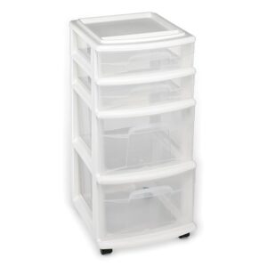 homz clear plastic 4 drawer medium home organization storage container tower w/2 large and 2 small drawers, and removeable caster wheels, white frame