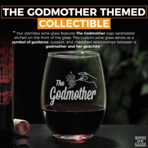 The Godmother Etched Stemless Wine Glass - Premium Quality, Handcrafted Glassware, 15 oz., Collectible Gift Item for Godparents, Birthdays, & Special Occasions