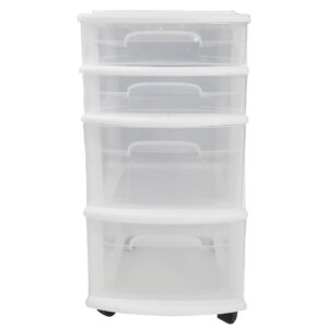 Homz Clear Plastic 4 Drawer Medium Home Organization Storage Container Tower w/2 Large and 2 Small Drawers, and Removeable Caster Wheels, White Frame