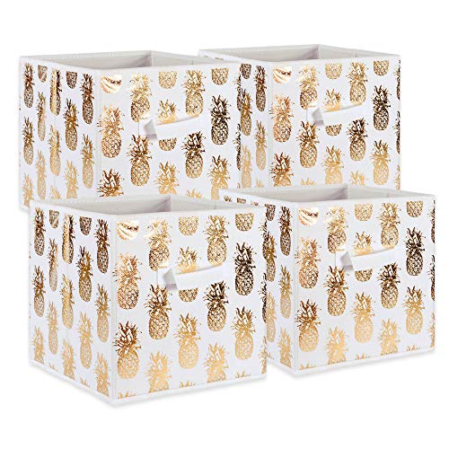 DII Non Woven Polyester Storage Bin, Metallic Pineapple, White & Gold, Small Set of 4